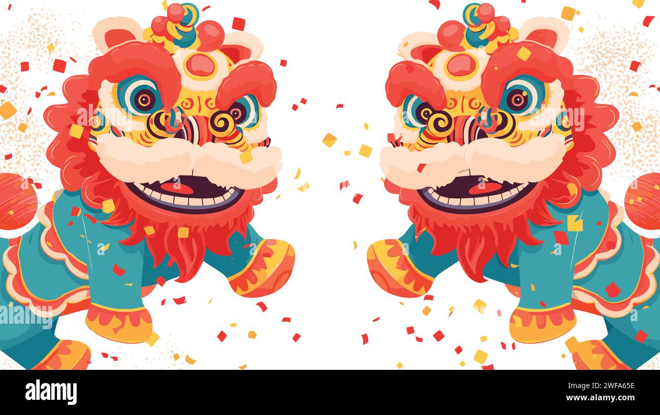 Chinese lions dancing celebration show white background Stock Vector ...