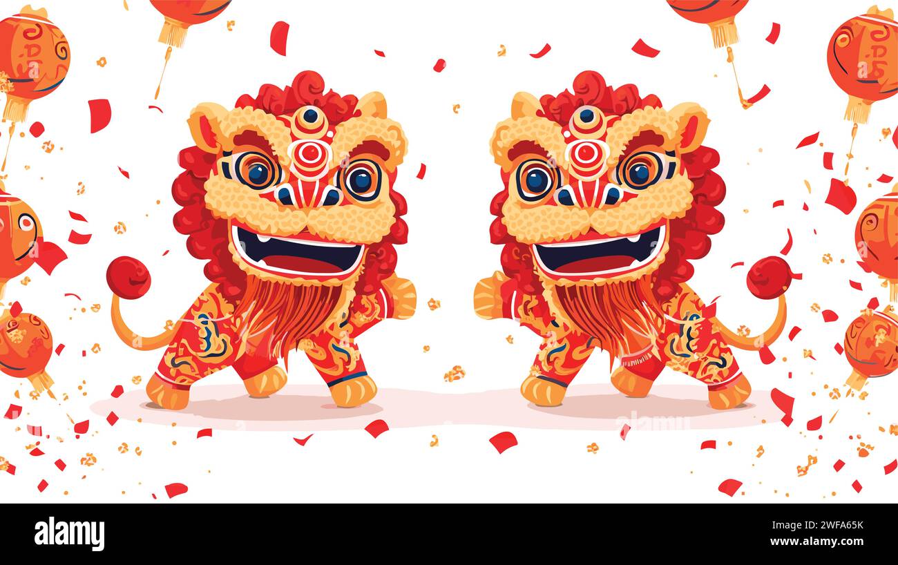 Chinese lions dancing celebration show white background Stock Vector ...