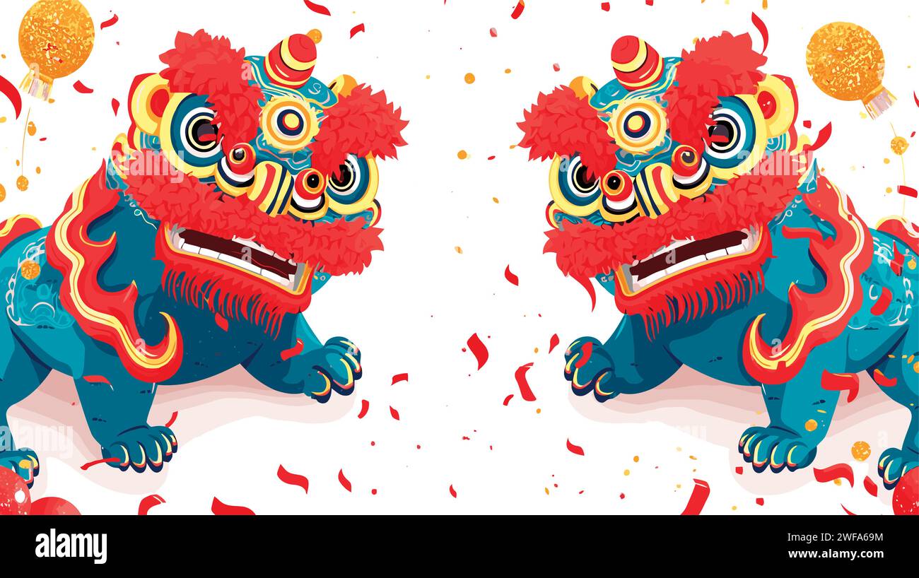 Chinese lions dancing celebration show white background Stock Vector ...