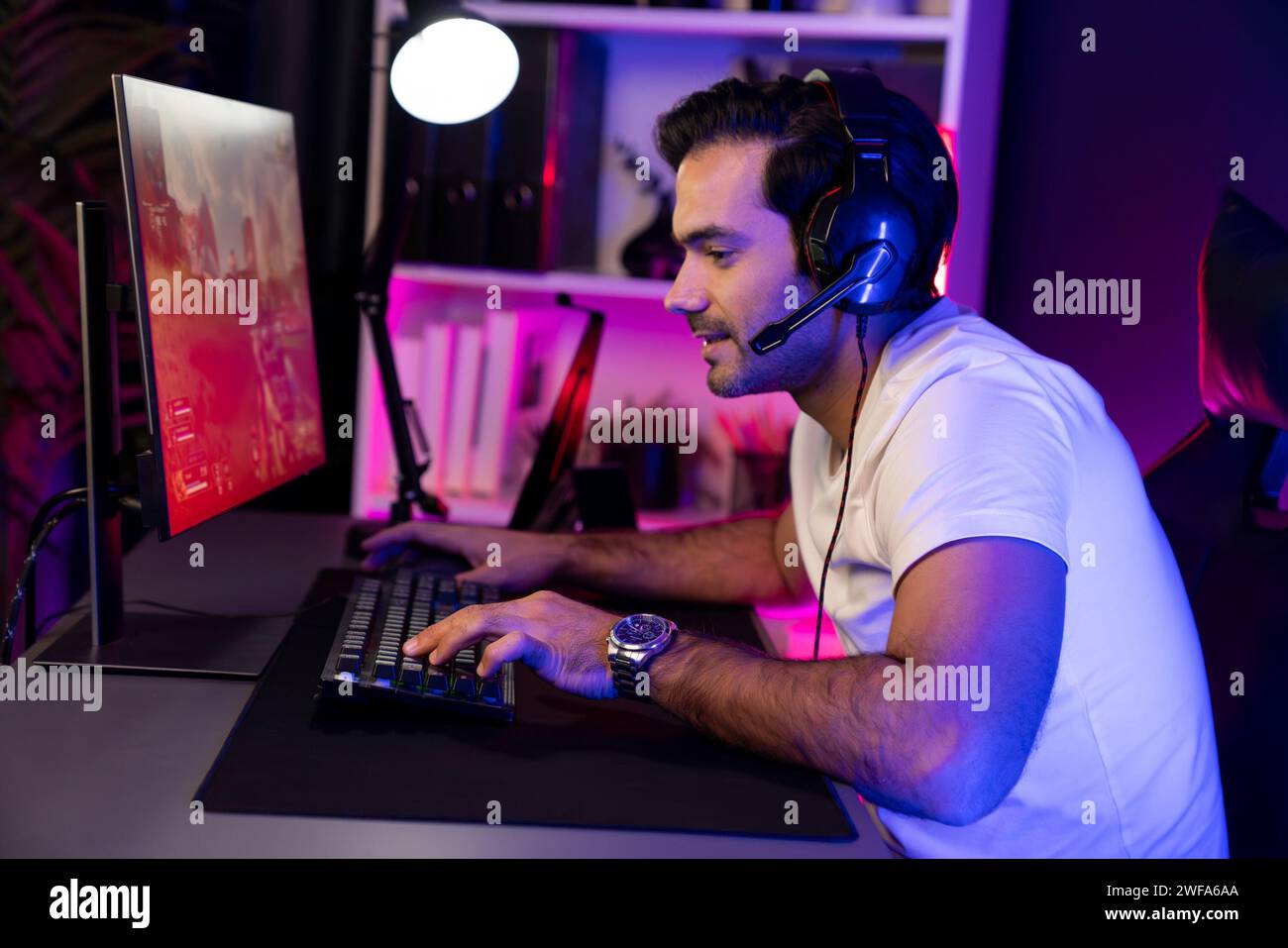 Smart gaming streamer enjoy playing battle team with streaming online ...