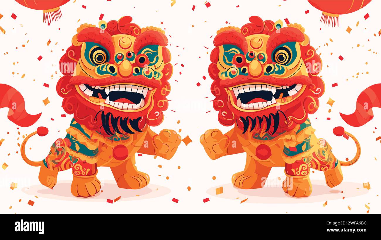 Chinese lions dancing celebration show white background Stock Vector ...