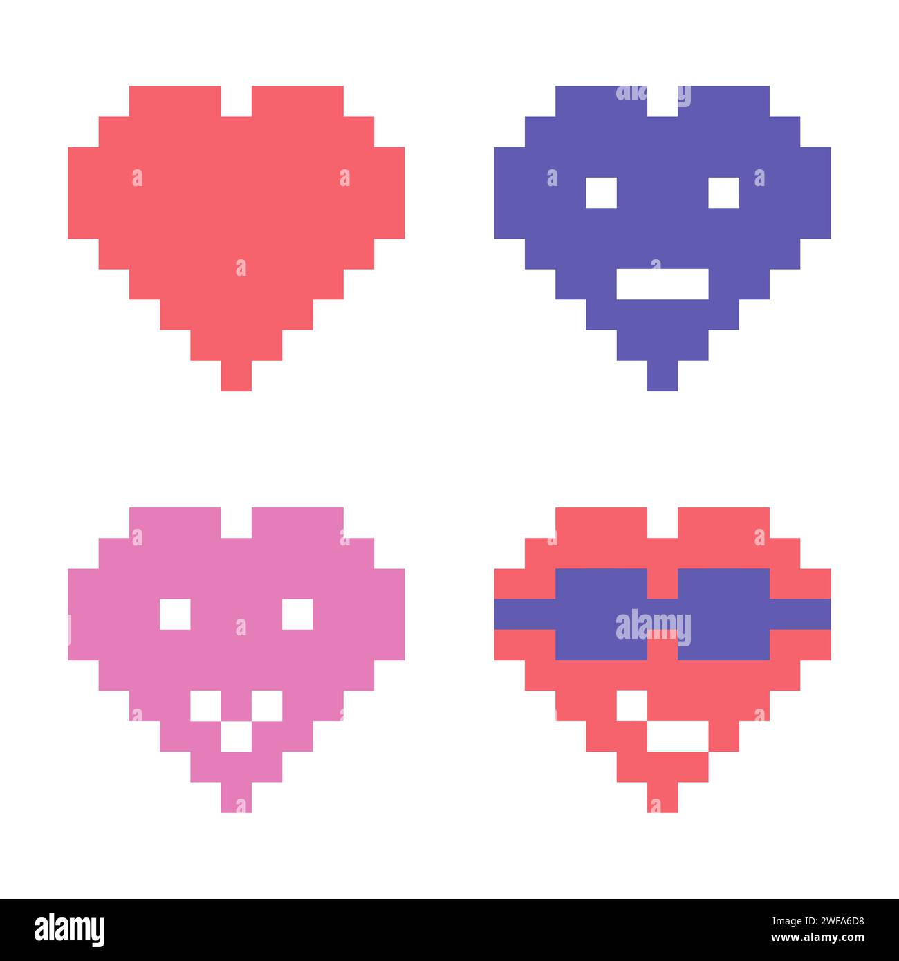 Set of different colorful hearts emoticon or emoji in pixel art style ...