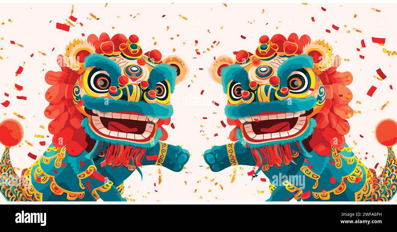 Chinese lions dancing celebration show white background Stock Vector ...