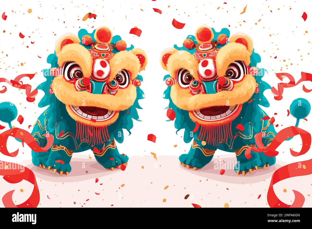 Chinese lions dancing celebration show white background Stock Vector ...