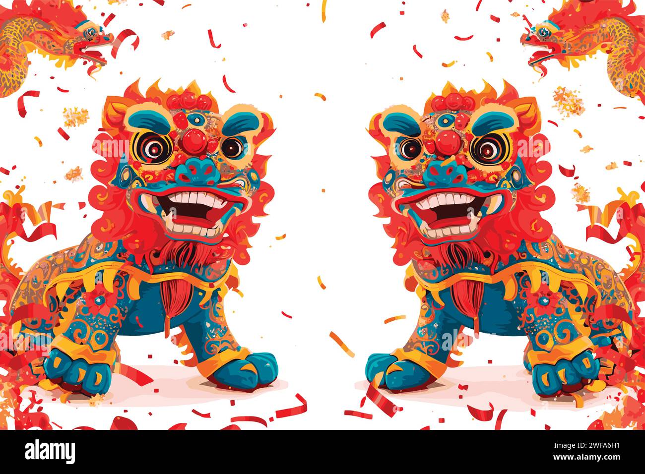Chinese lions dancing celebration show white background Stock Vector ...