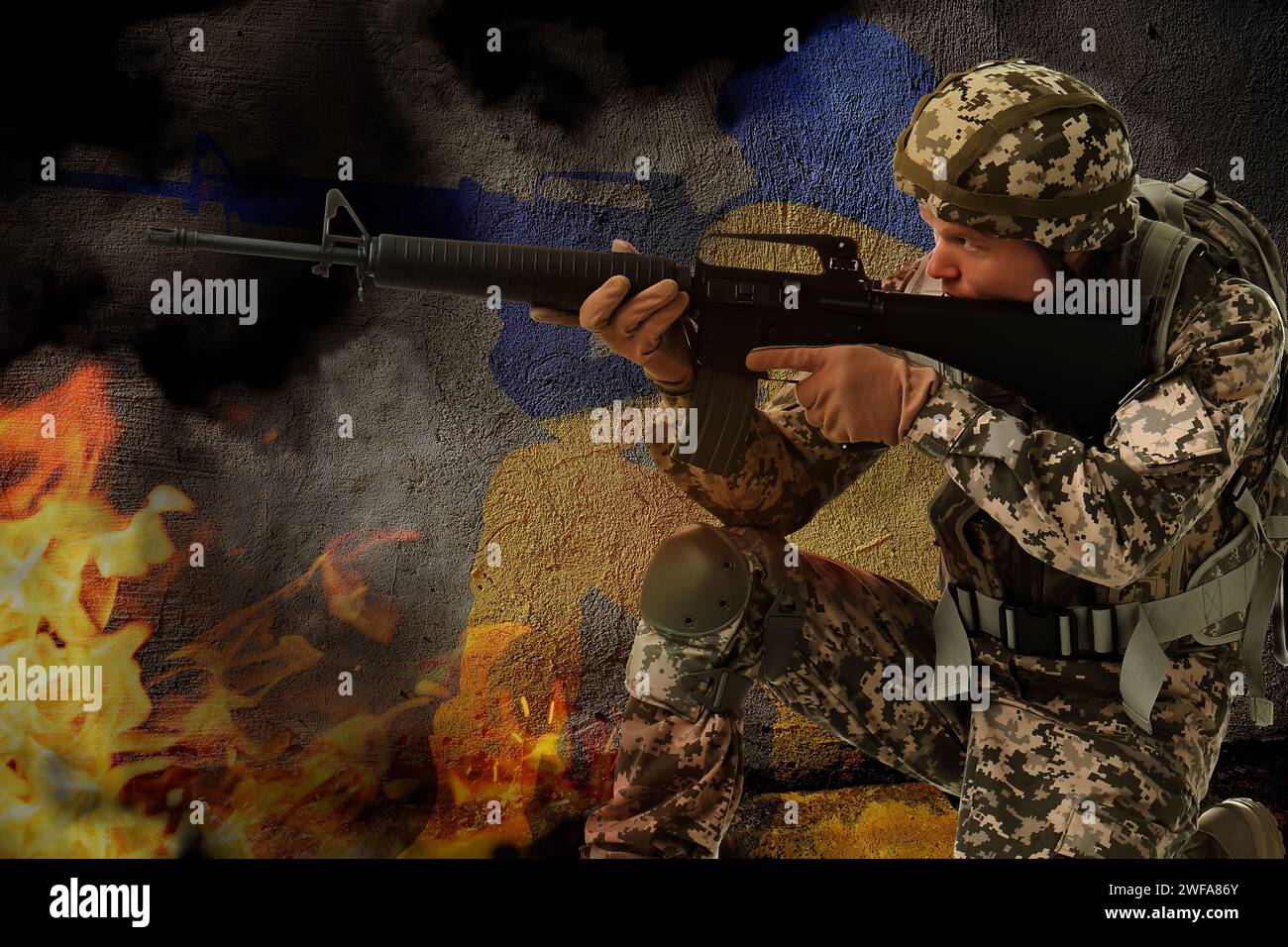 Military, shadow of soldier in colors Ukrainian flag and flame Stock ...