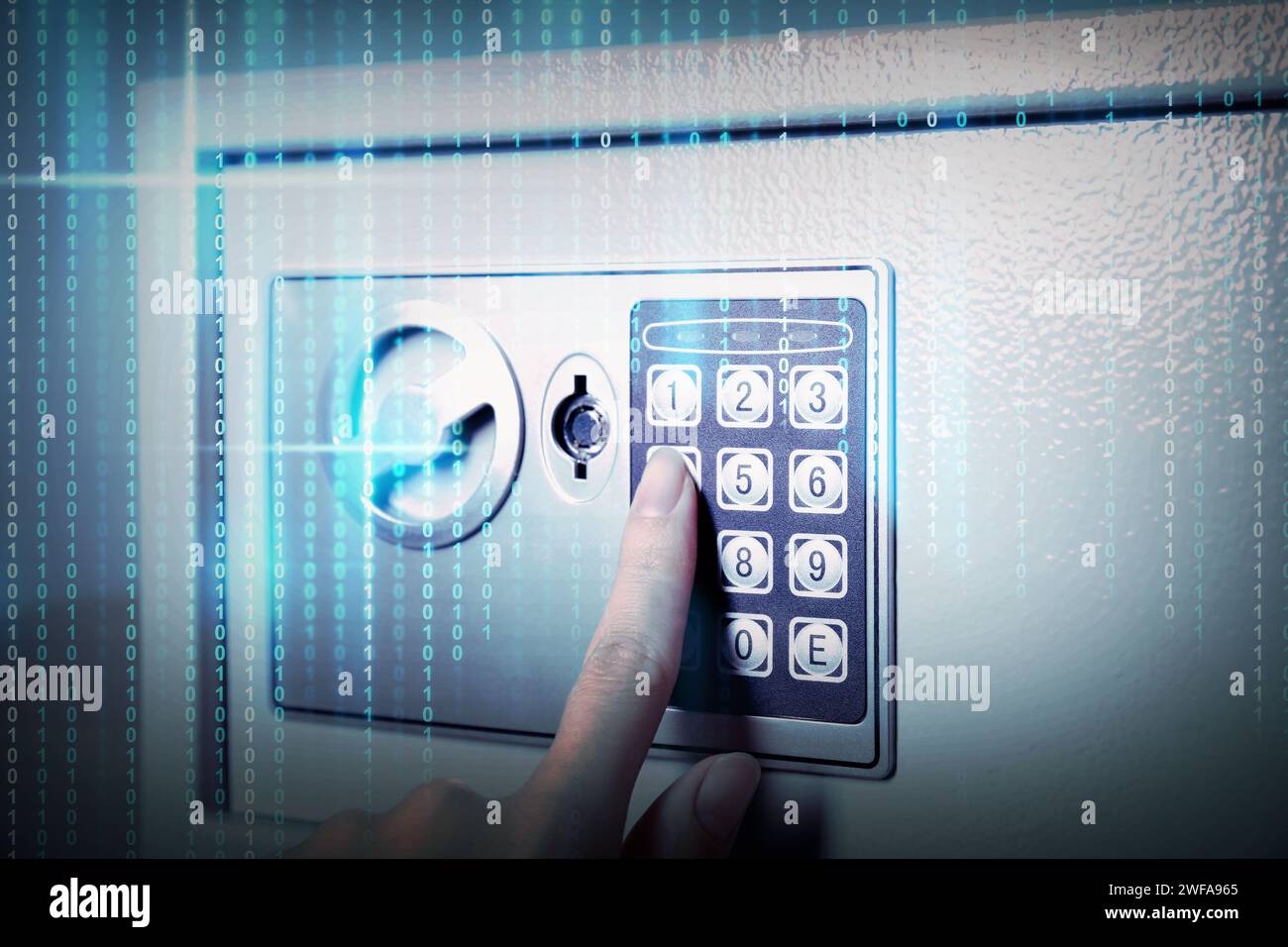Woman pressing buttons on keypad to open steel safe, closeup. Binary code symbolizing digital ...