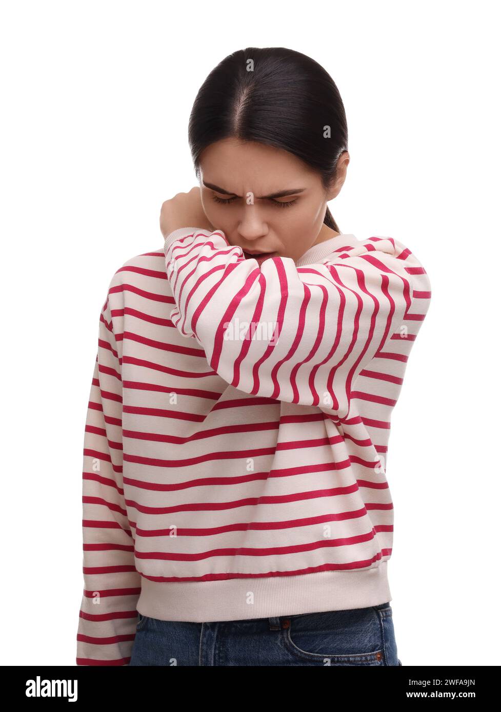 Woman coughing on white background. Cold symptoms Stock Photo - Alamy