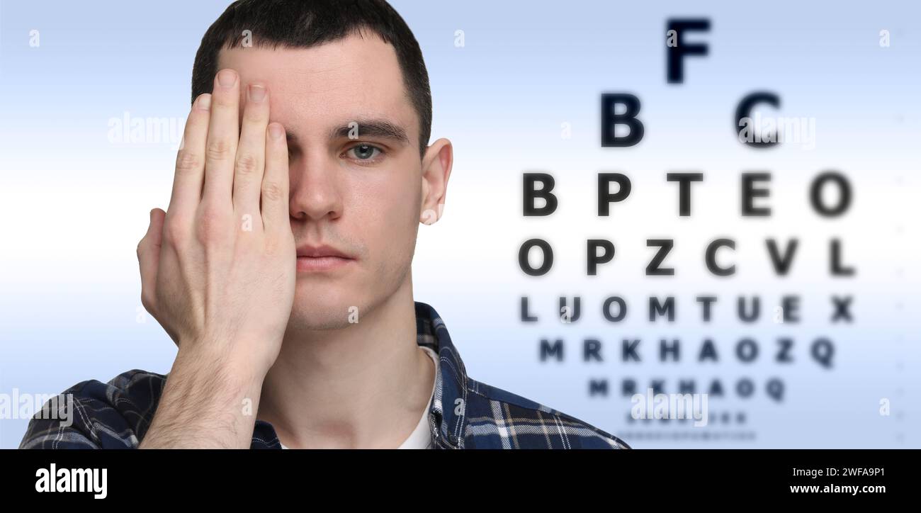 Vision test. Young man and eye chart on gradient background. Banner ...