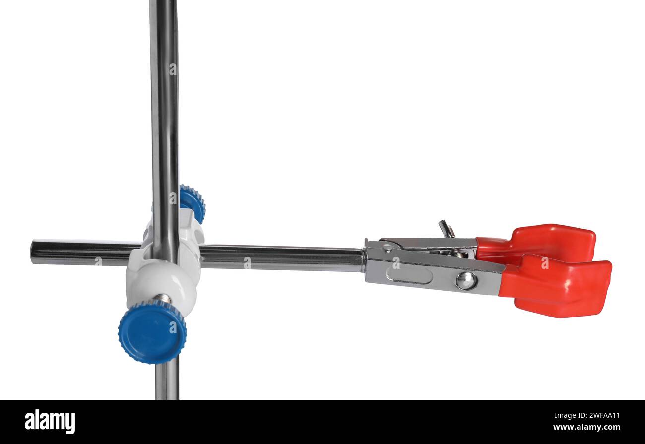 Retort stand with clamp isolated on white Stock Photo - Alamy