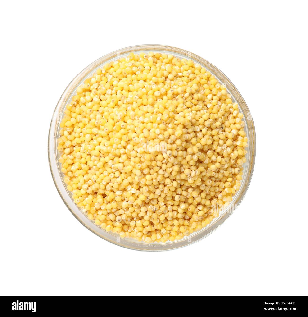 Dry millet seeds in bowl isolated on white, top view Stock Photo - Alamy