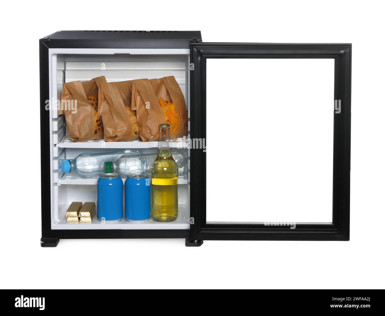 Mini bar filled with food and drinks isolated on white Stock Photo - Alamy
