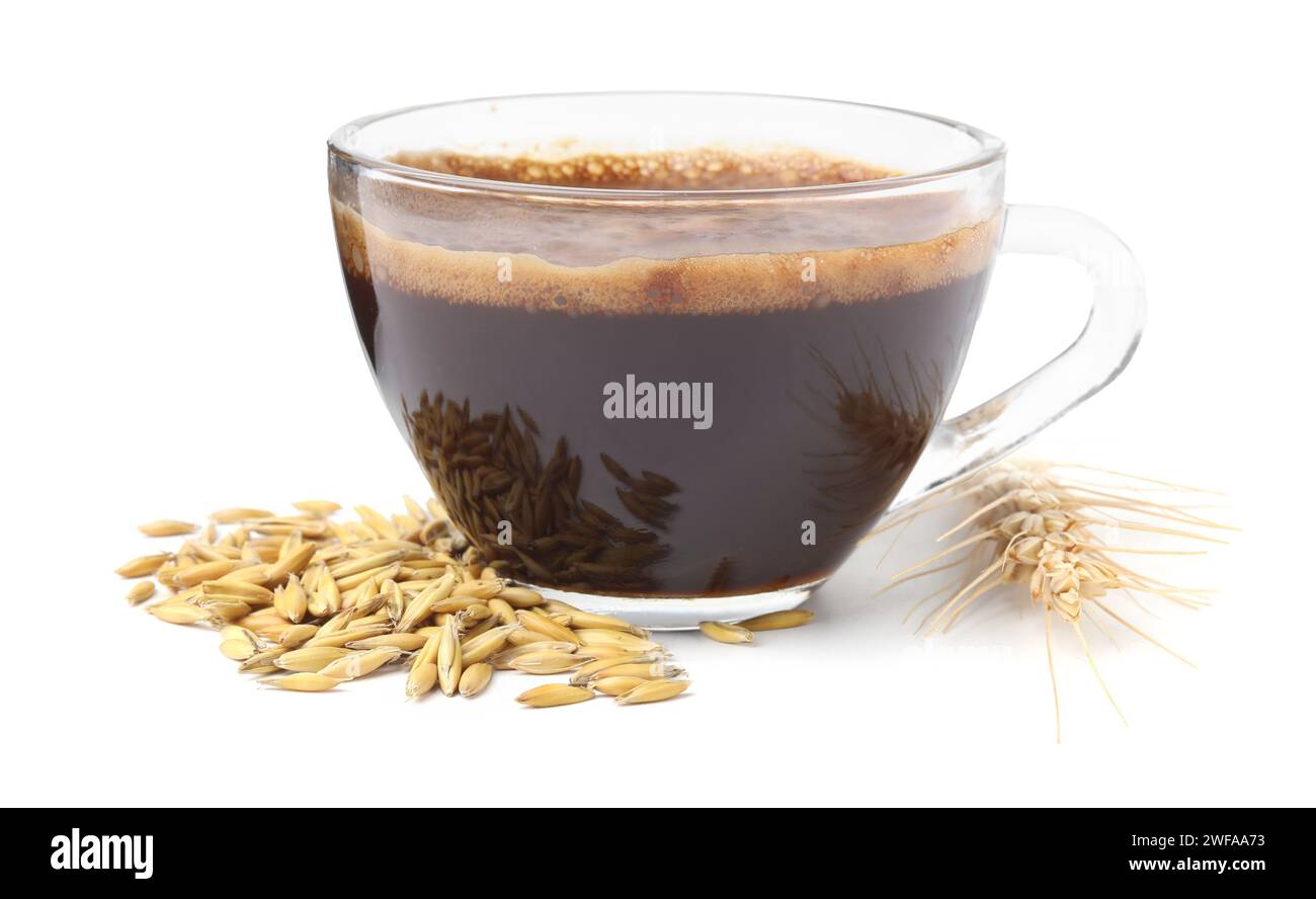 Cup of barley coffee, grains and spike isolated on white Stock Photo ...