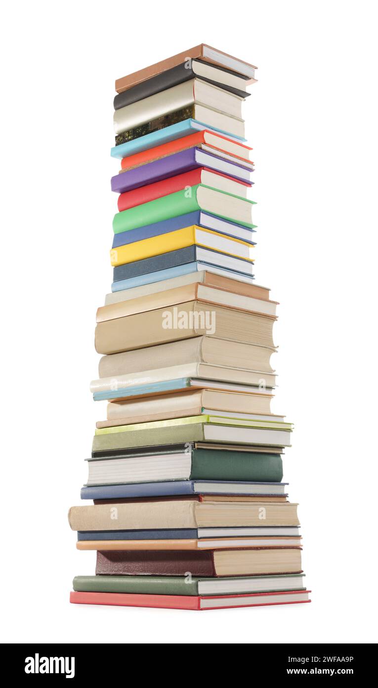 High stack of many different books isolated on white Stock Photo - Alamy