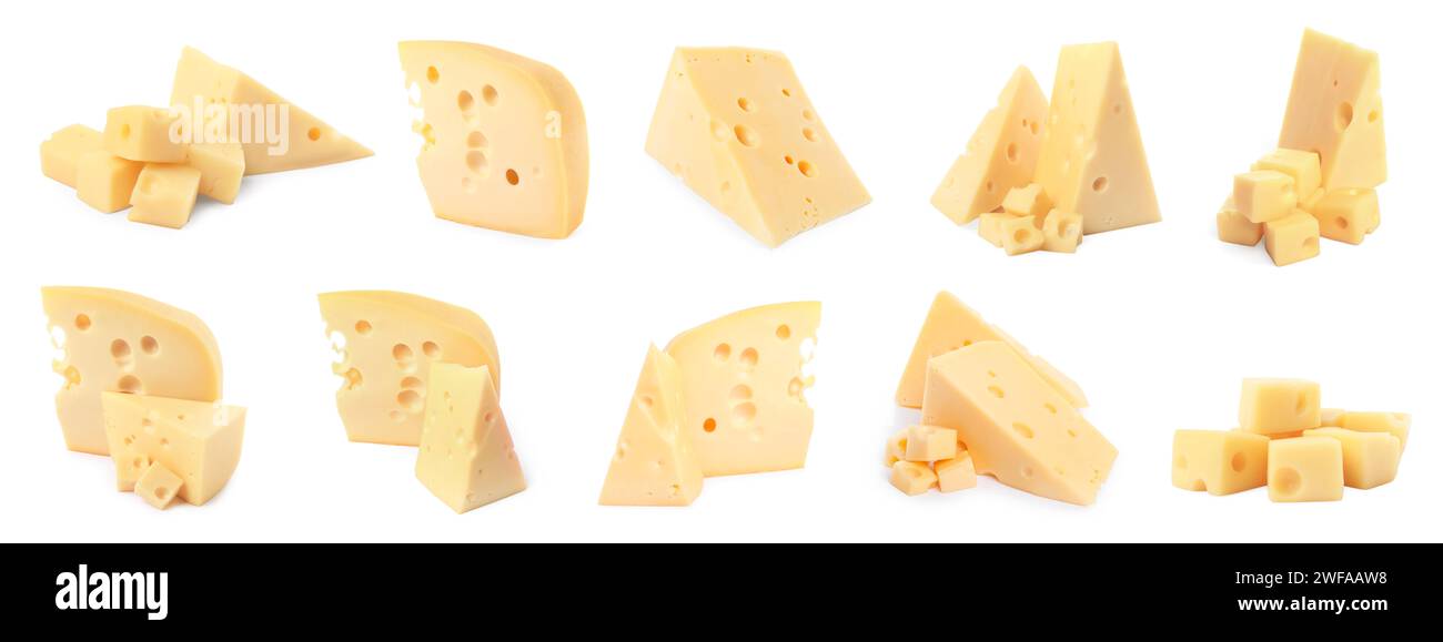 Fresh cheese isolated on white, set of pieces Stock Photo - Alamy