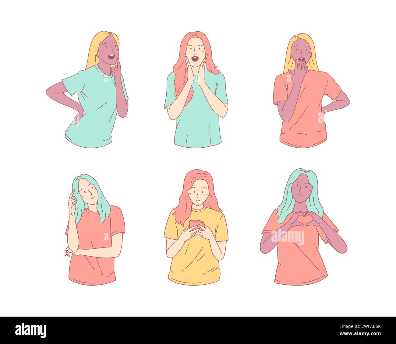 Various behavior pose happy expression woman character. Hand drawn line ...