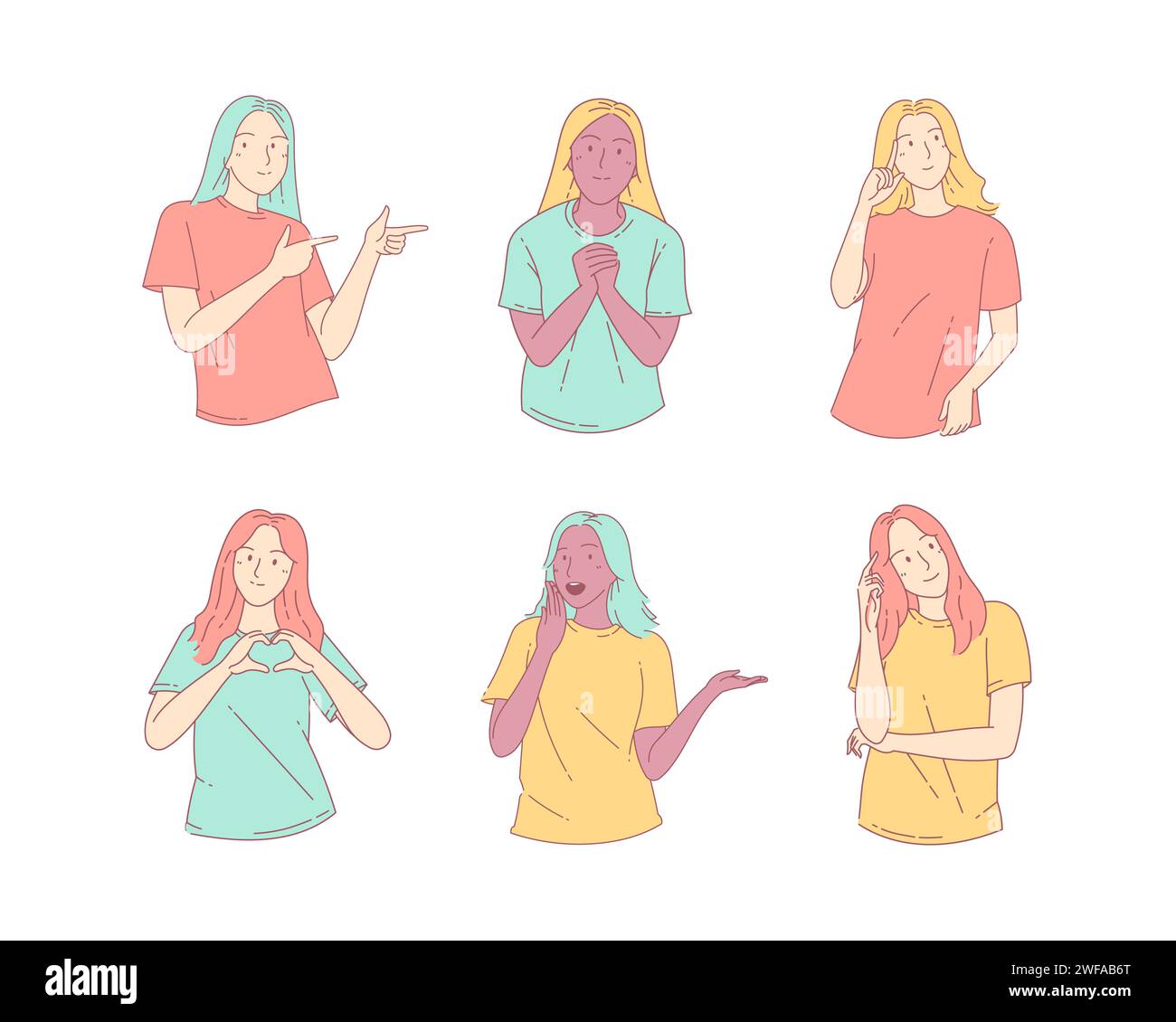 Various behavior pose happy expression woman character. Hand drawn line ...