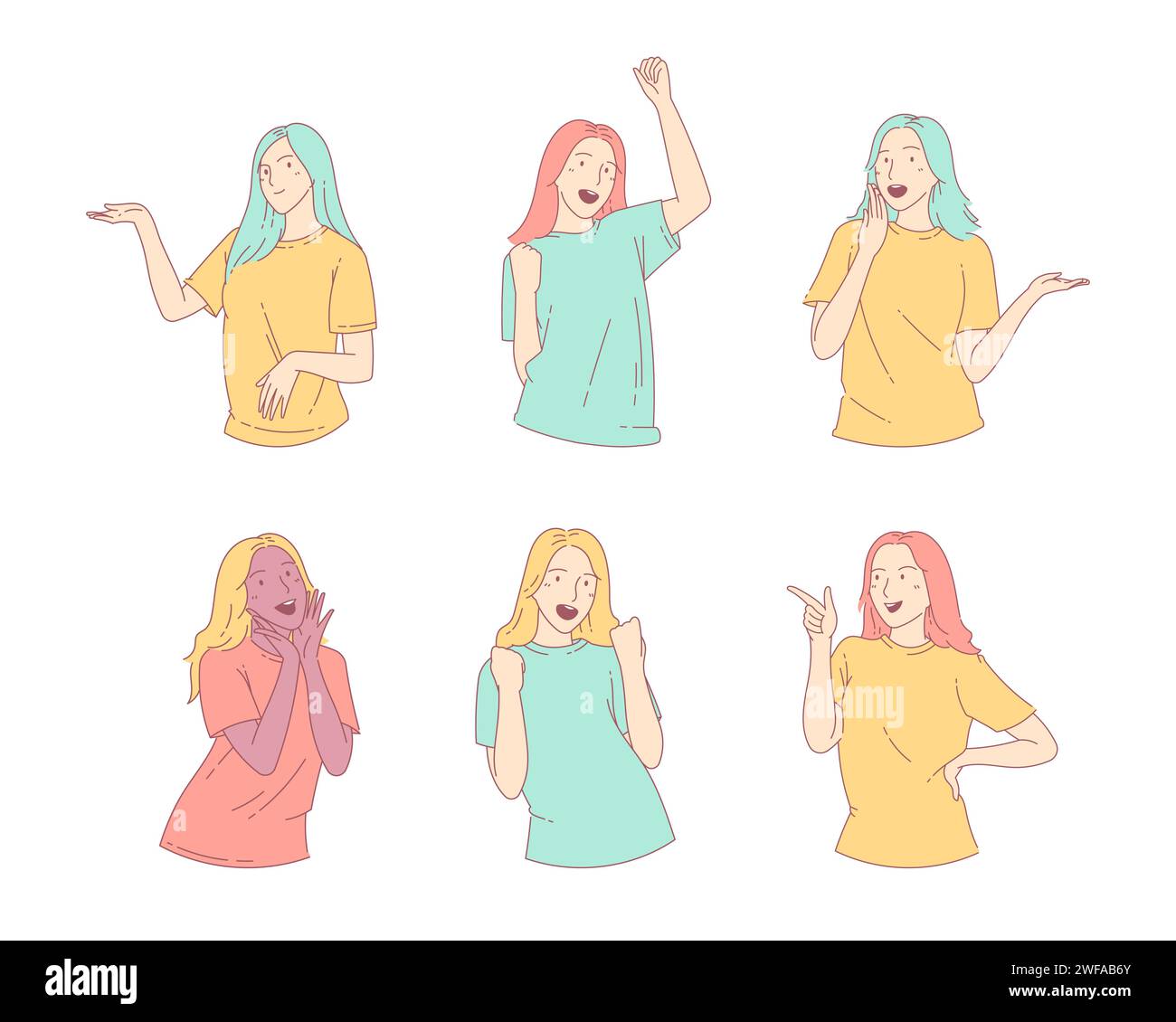 Various behavior pose happy expression woman character. Hand drawn line ...