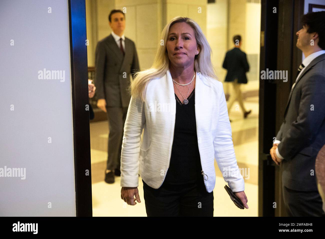 Rep. Marjorie Taylor Greene (R-Ga.) arrives for a press conference on ...