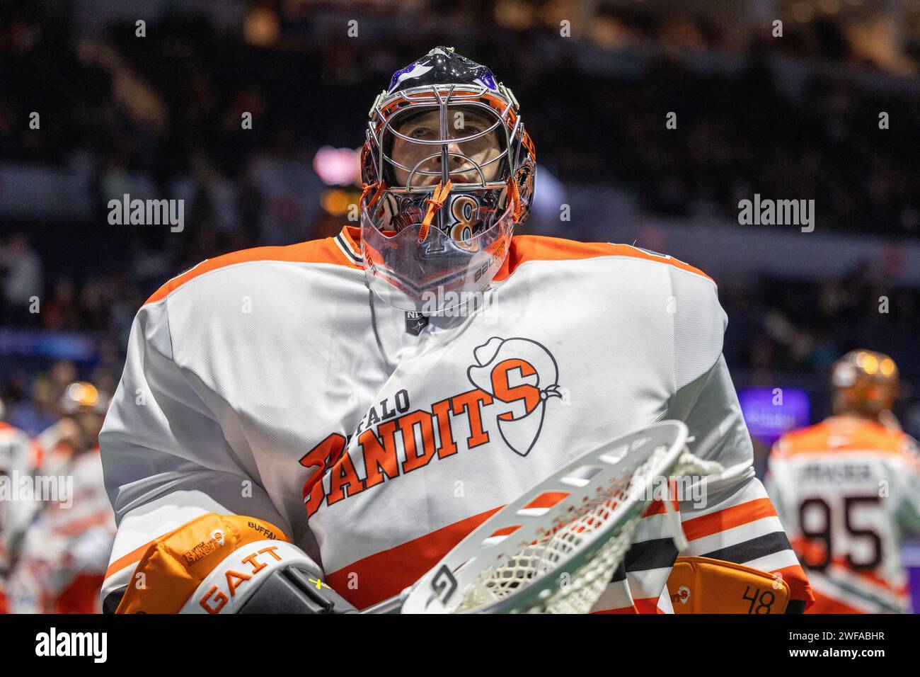 January 13th, 2024: Buffalo Bandits goaltender Matt Vinc (48) runs in ...