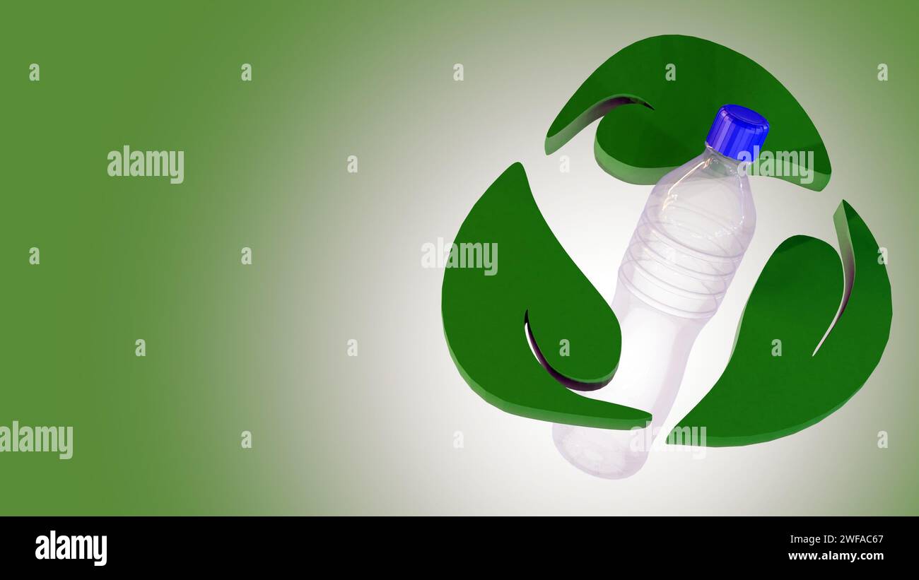 3d rendering of biodegradable sign and empty plastic bottles garbage ...