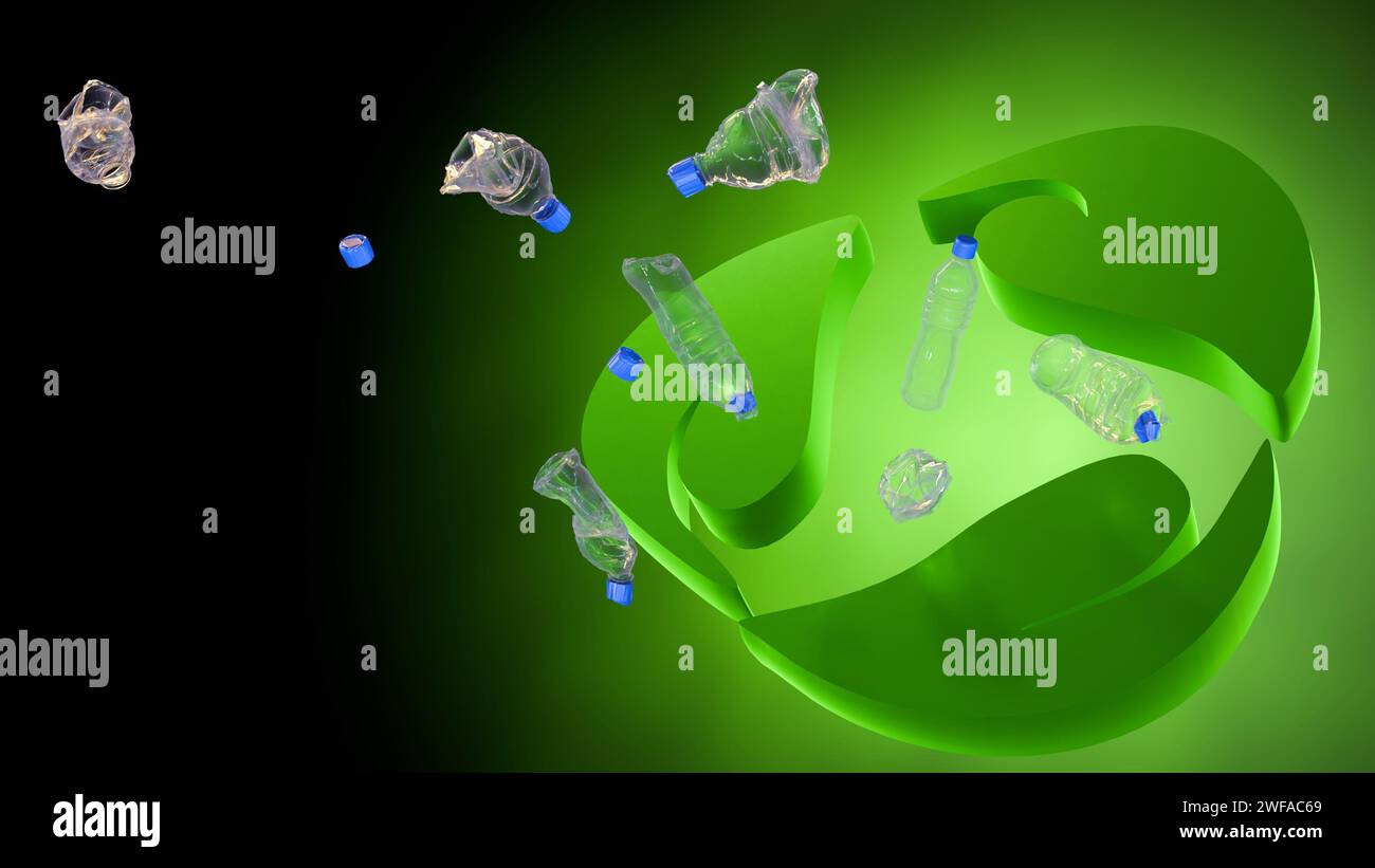 3d rendering of biodegradable sign and empty plastic bottles garbage ...