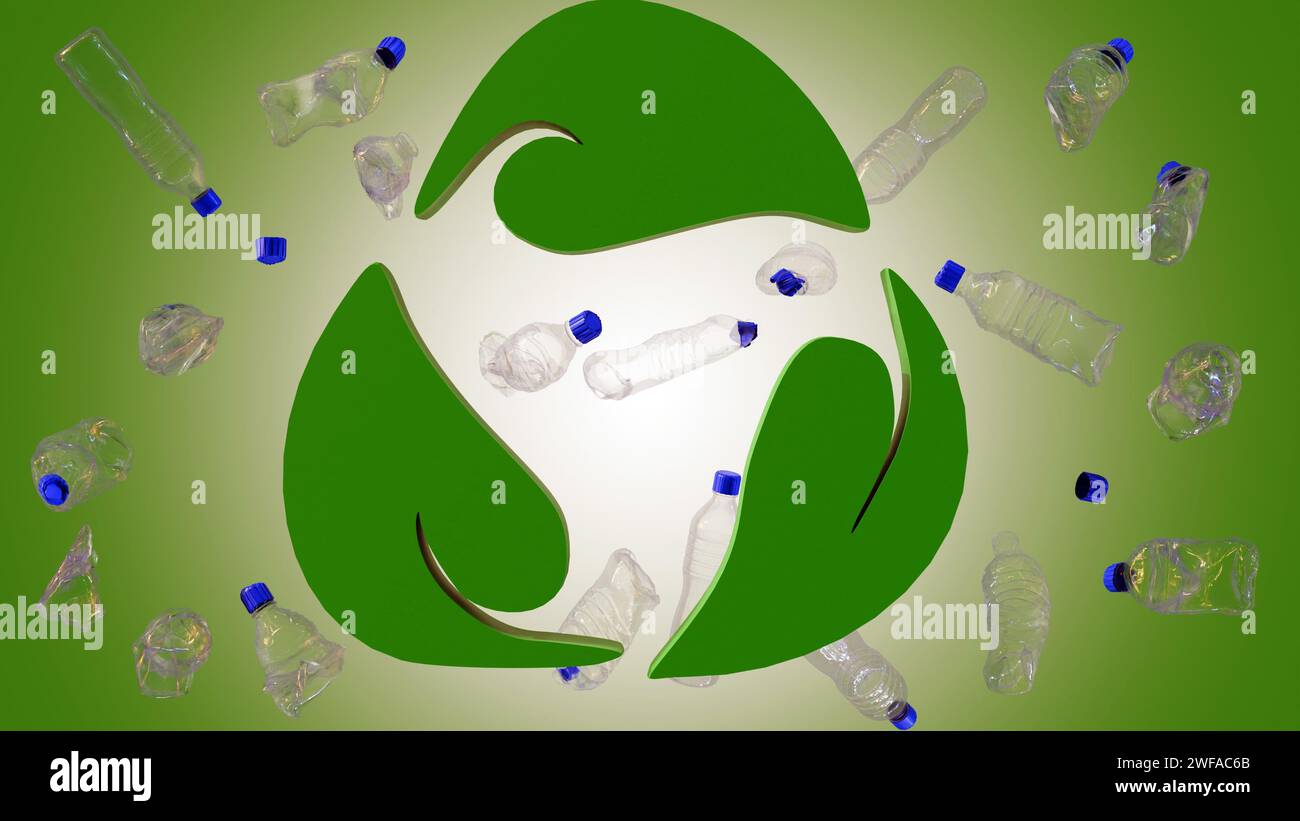 3d rendering of biodegradable sign and empty plastic bottles garbage ...