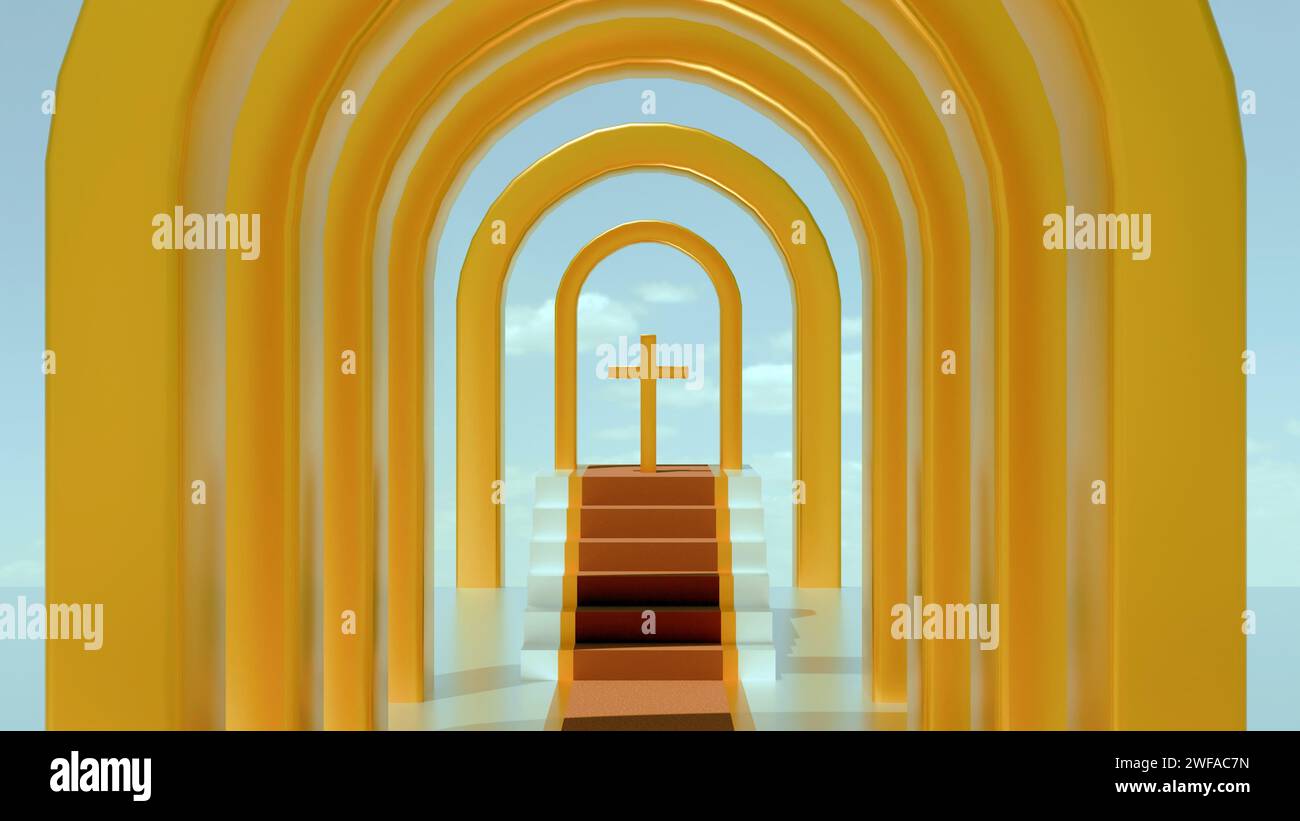 3d rendering of a golden archway with a red carpet leading up to a ...