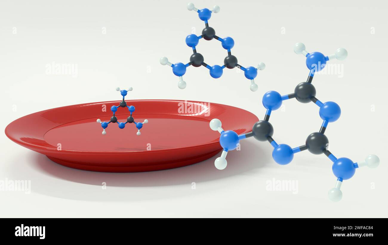 3d rendering of melamine molecules and red plastic plate. Melamine is ...