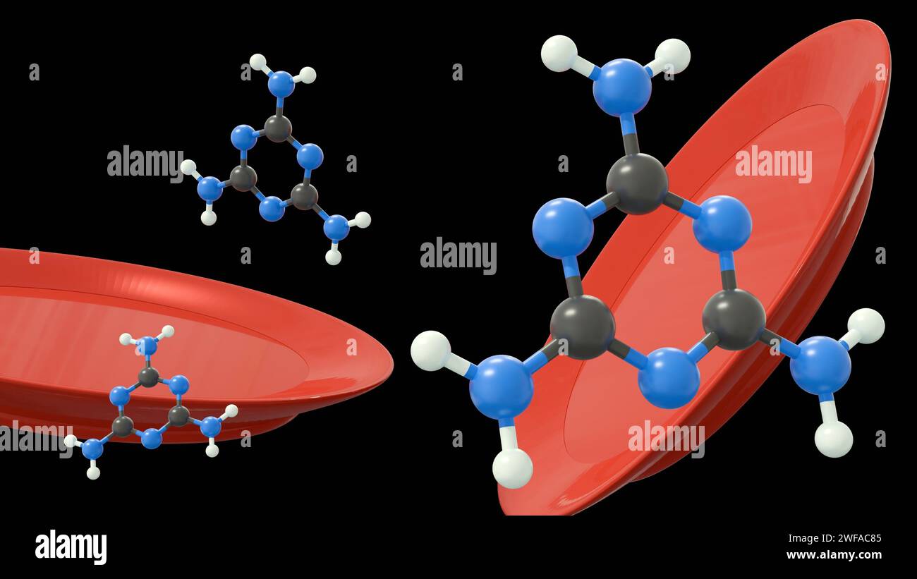3d rendering of melamine molecules and red plastic plate. Melamine is ...
