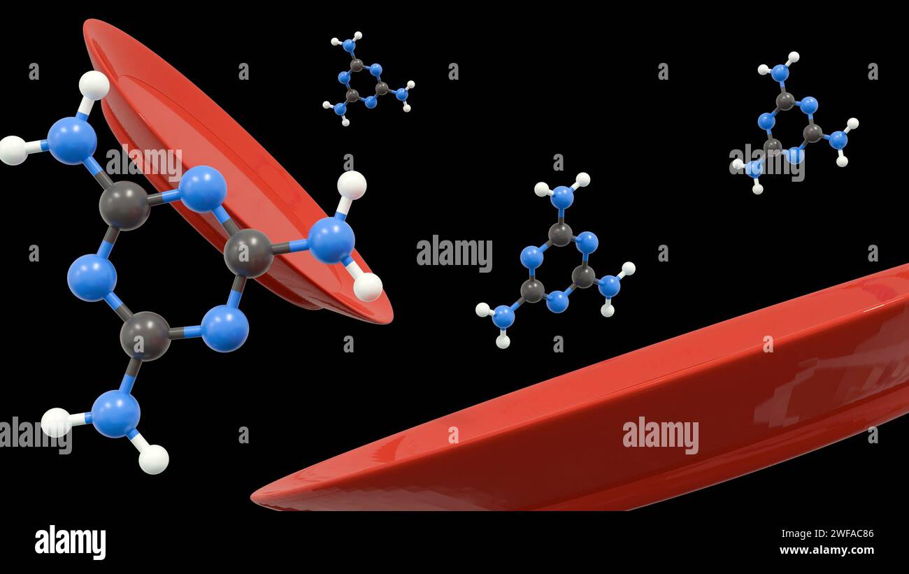 3d rendering of melamine molecules and red plastic plate. Melamine is ...