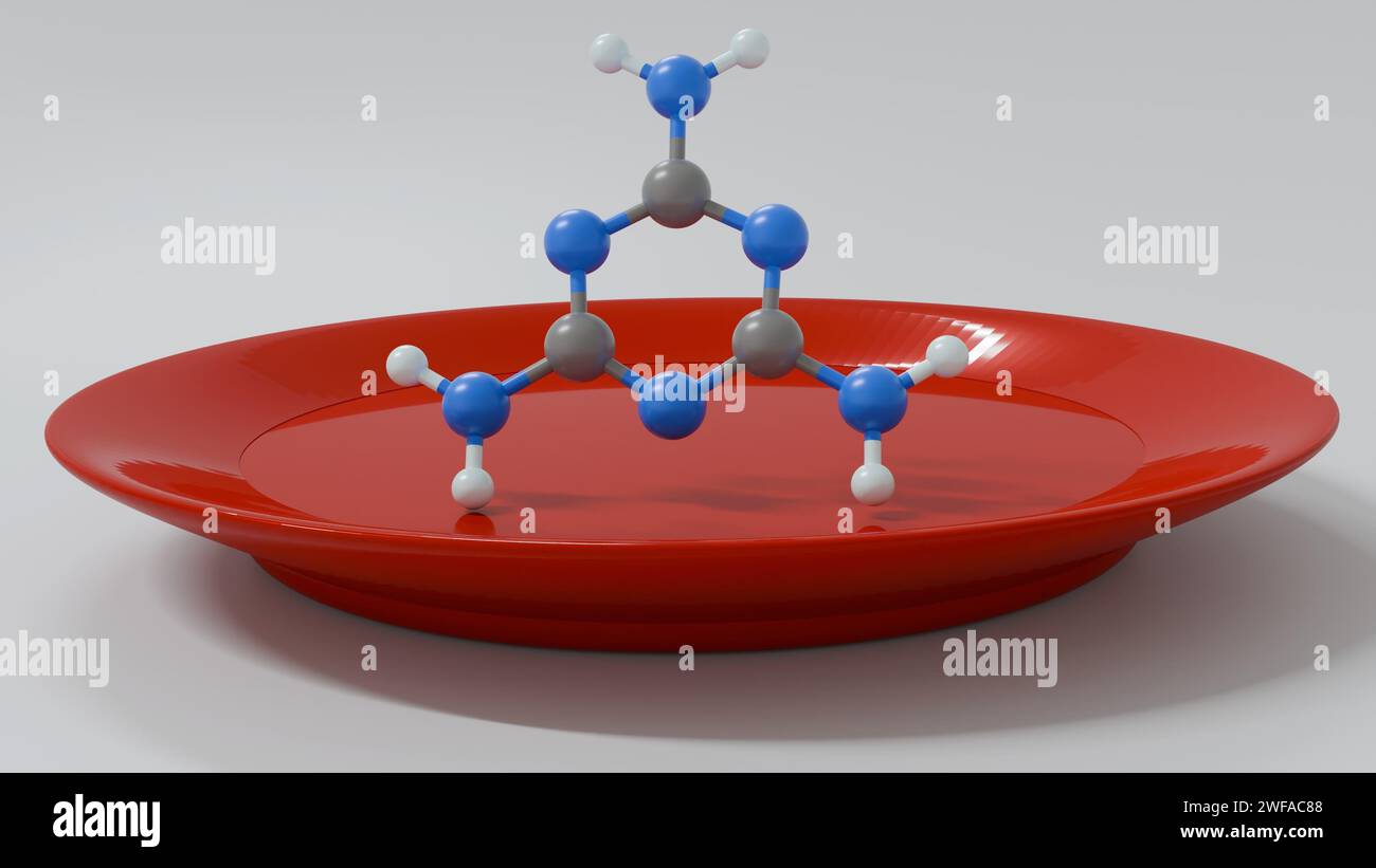 3d rendering of melamine molecules and red plastic plate. Melamine is ...