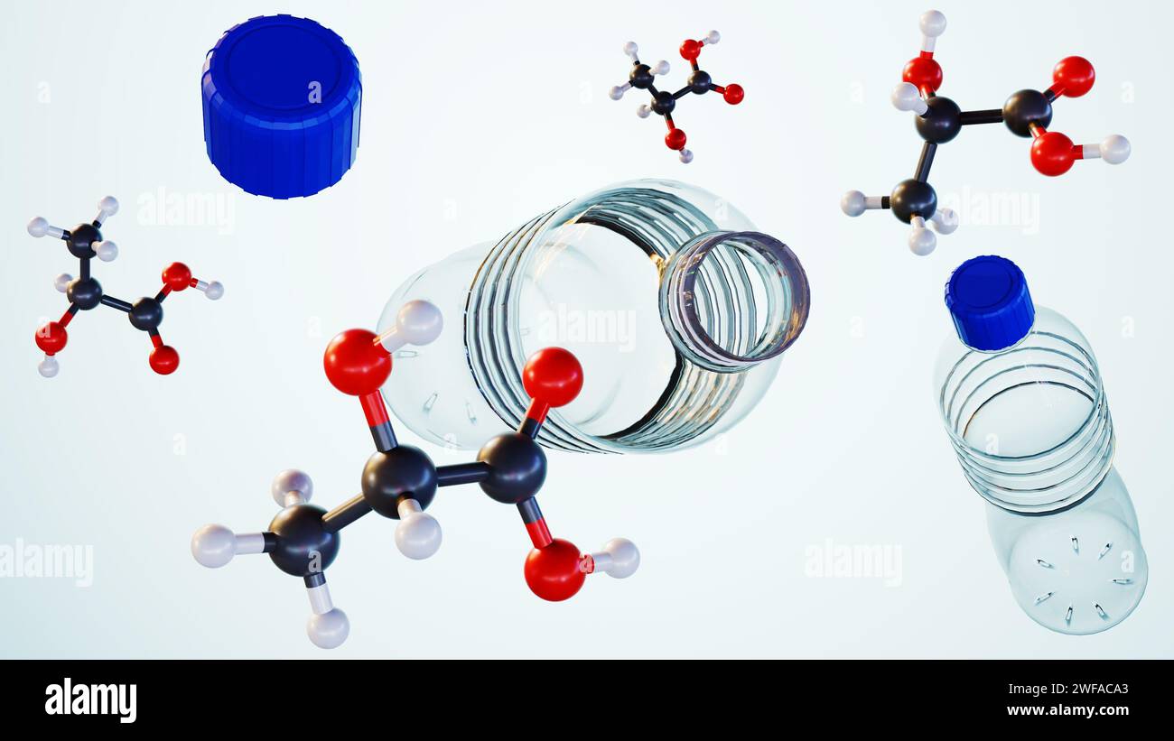3d rendering of lactic acid molecules floats above blue plastic water ...