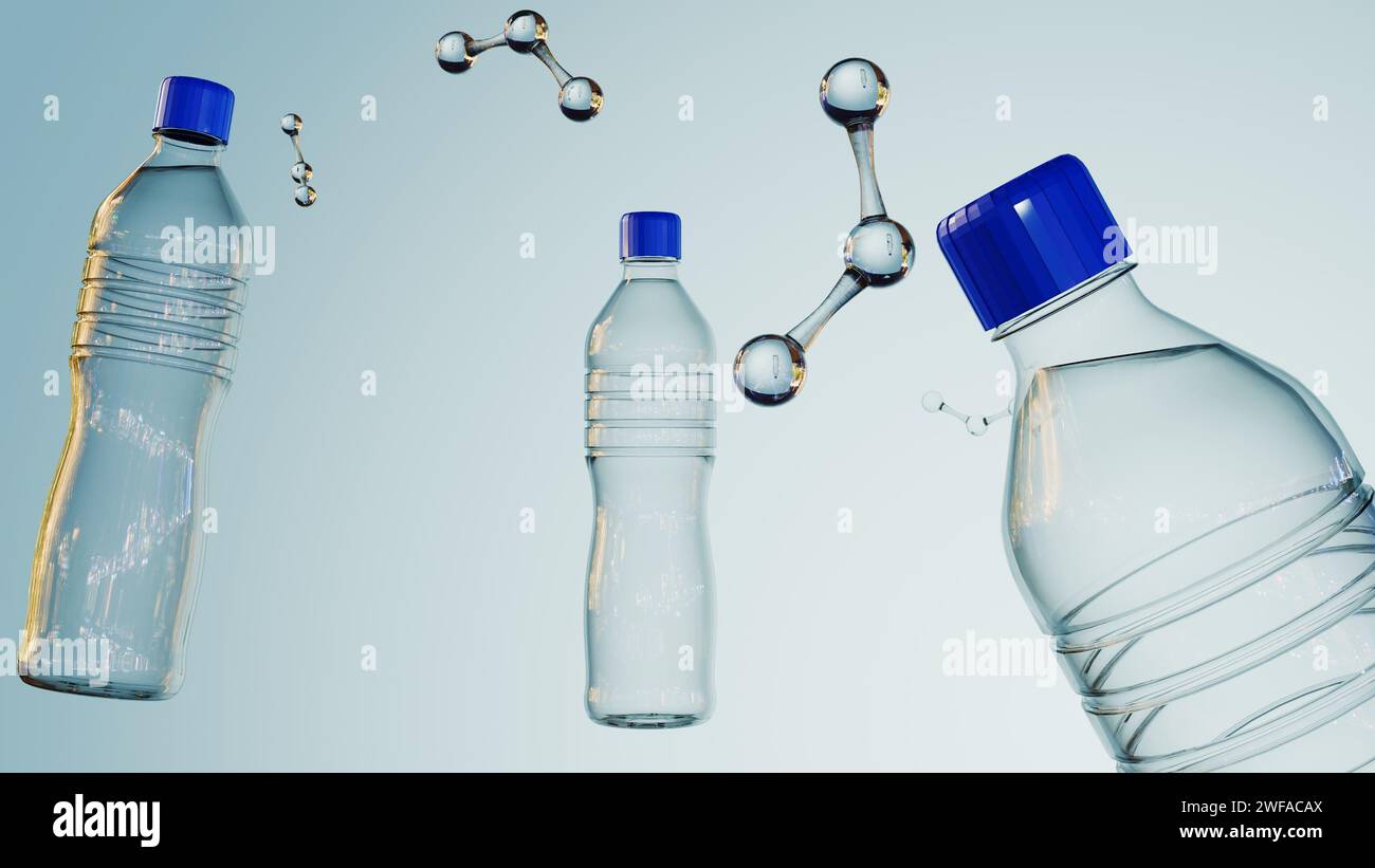 3d rendering of a floating water bottle with H2O molecules Stock Photo ...