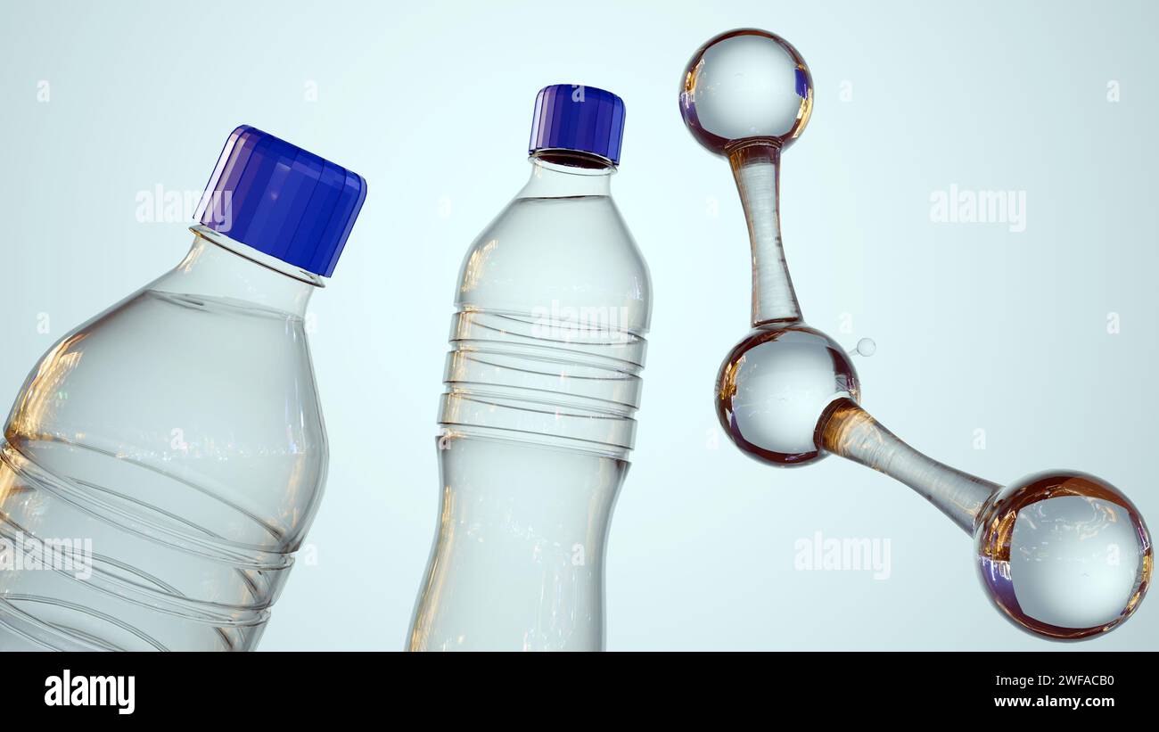 3d rendering of a floating water bottle with H2O molecules Stock Photo ...