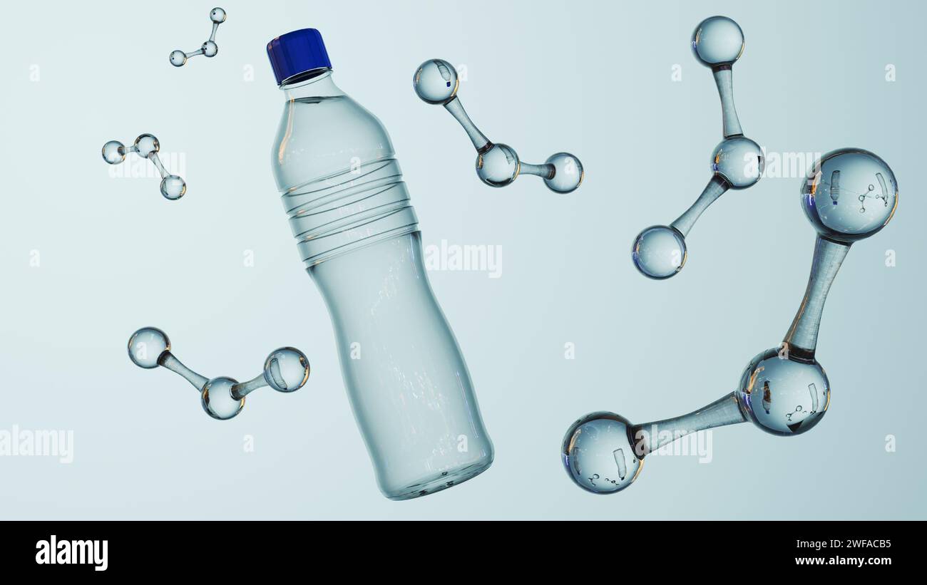 3d rendering of a floating water bottle with H2O molecules Stock Photo ...