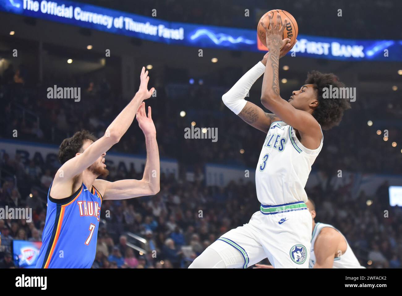 Minnesota Timberwolves forward Jaden McDaniels (3) shoots over Oklahoma ...
