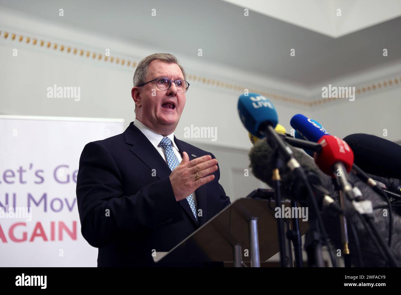 Democratic Unionist Party (DUP) leader Jeffrey Donaldson speaks to the ...