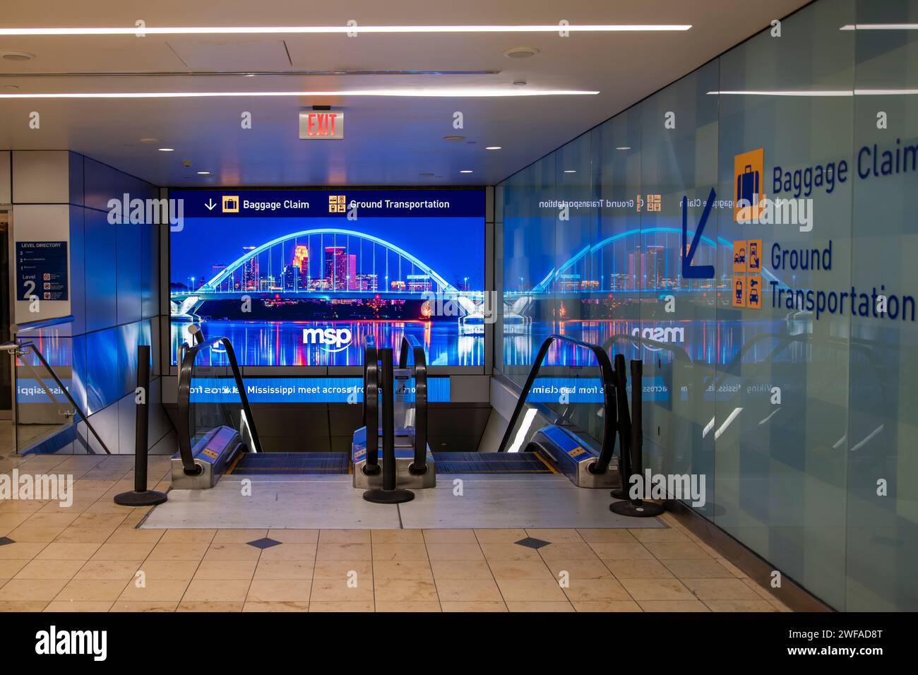 Bloomington, Minnesota. MSP airport. Escalator leading to the baggage ...