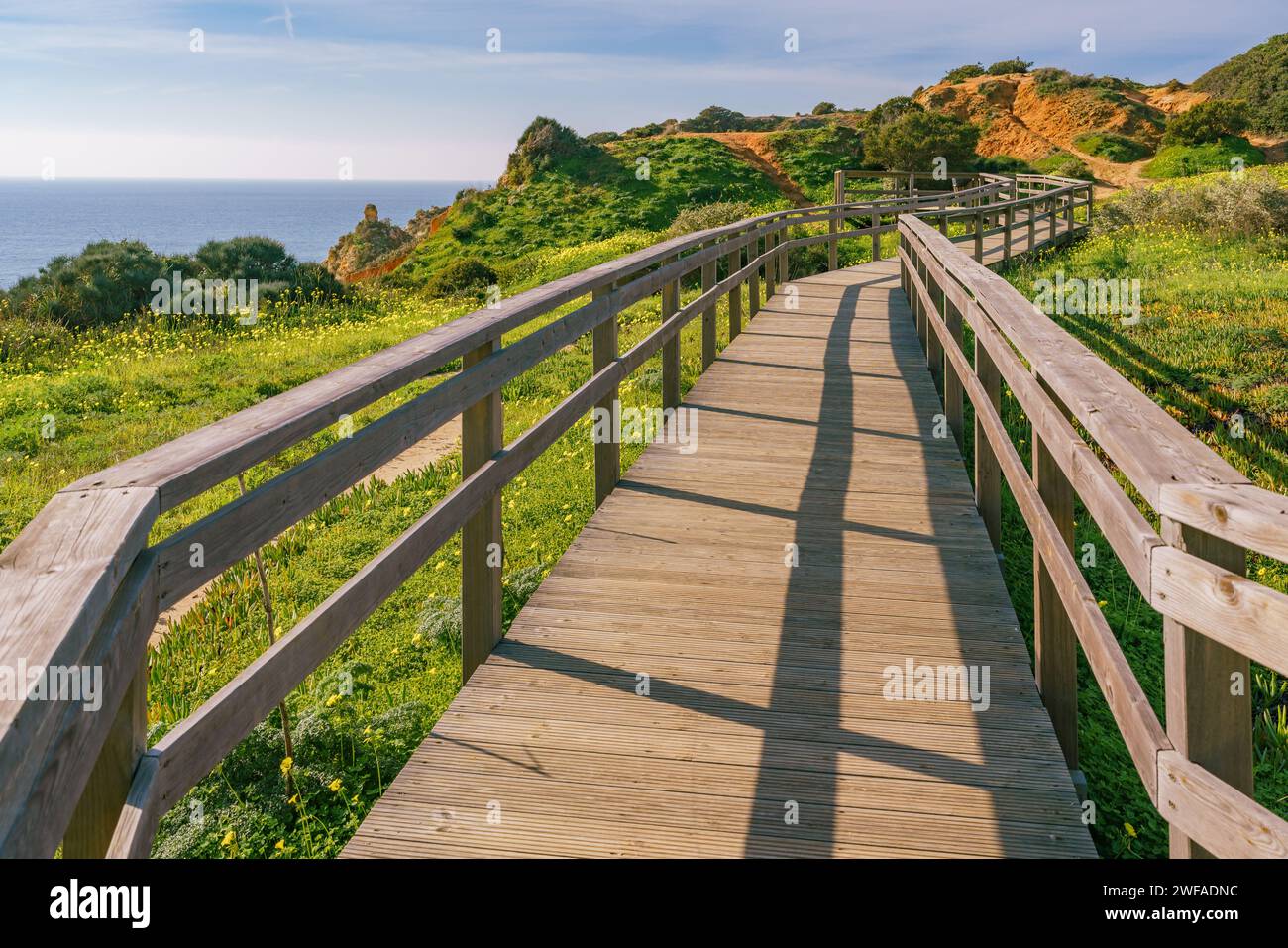 Wooden boardwalk along the cliffs in Lagos, Algarve, Portugal Stock ...