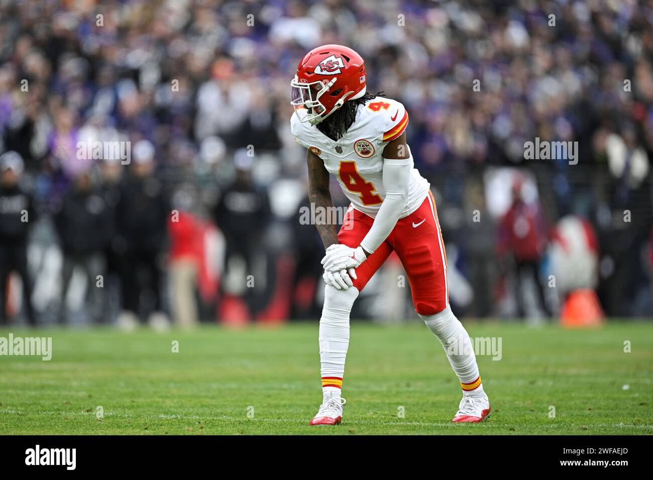Kansas City Chiefs wide receiver Rashee Rice (4) gets in position ...