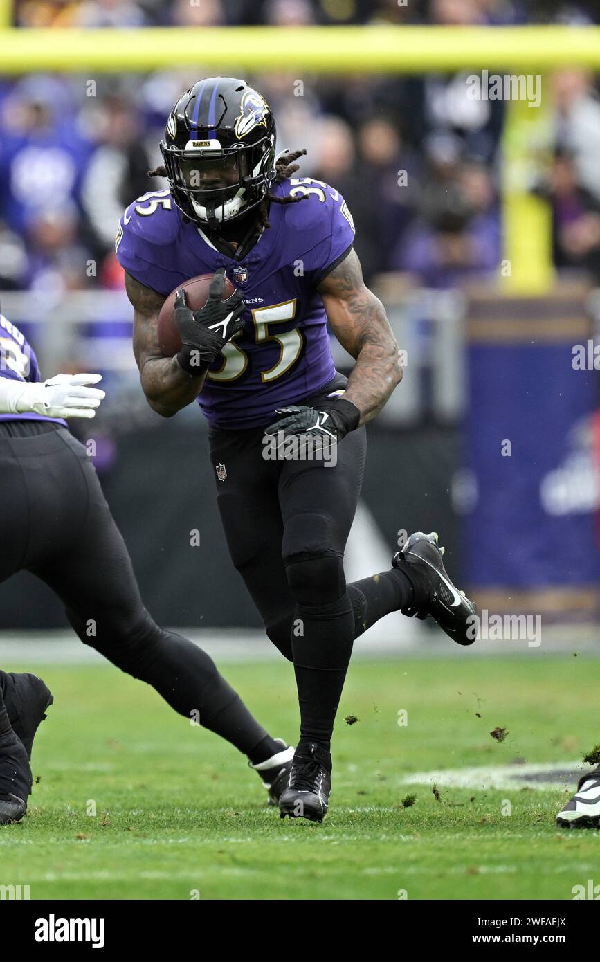 Baltimore Ravens running back Gus Edwards (35) runs the ball during the ...