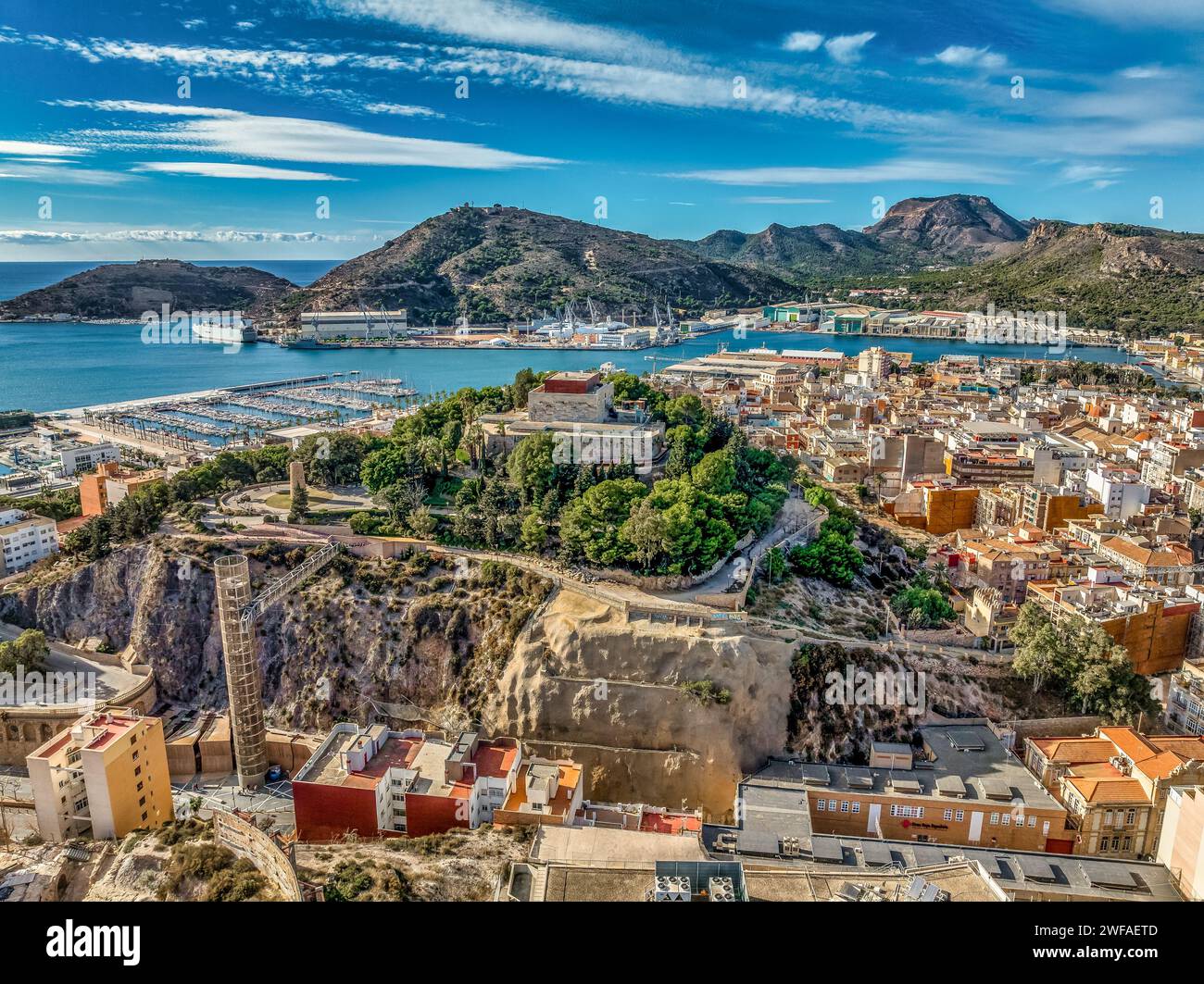 Aerial view of Cartagena port city in Spain surrounded by bastions and ...