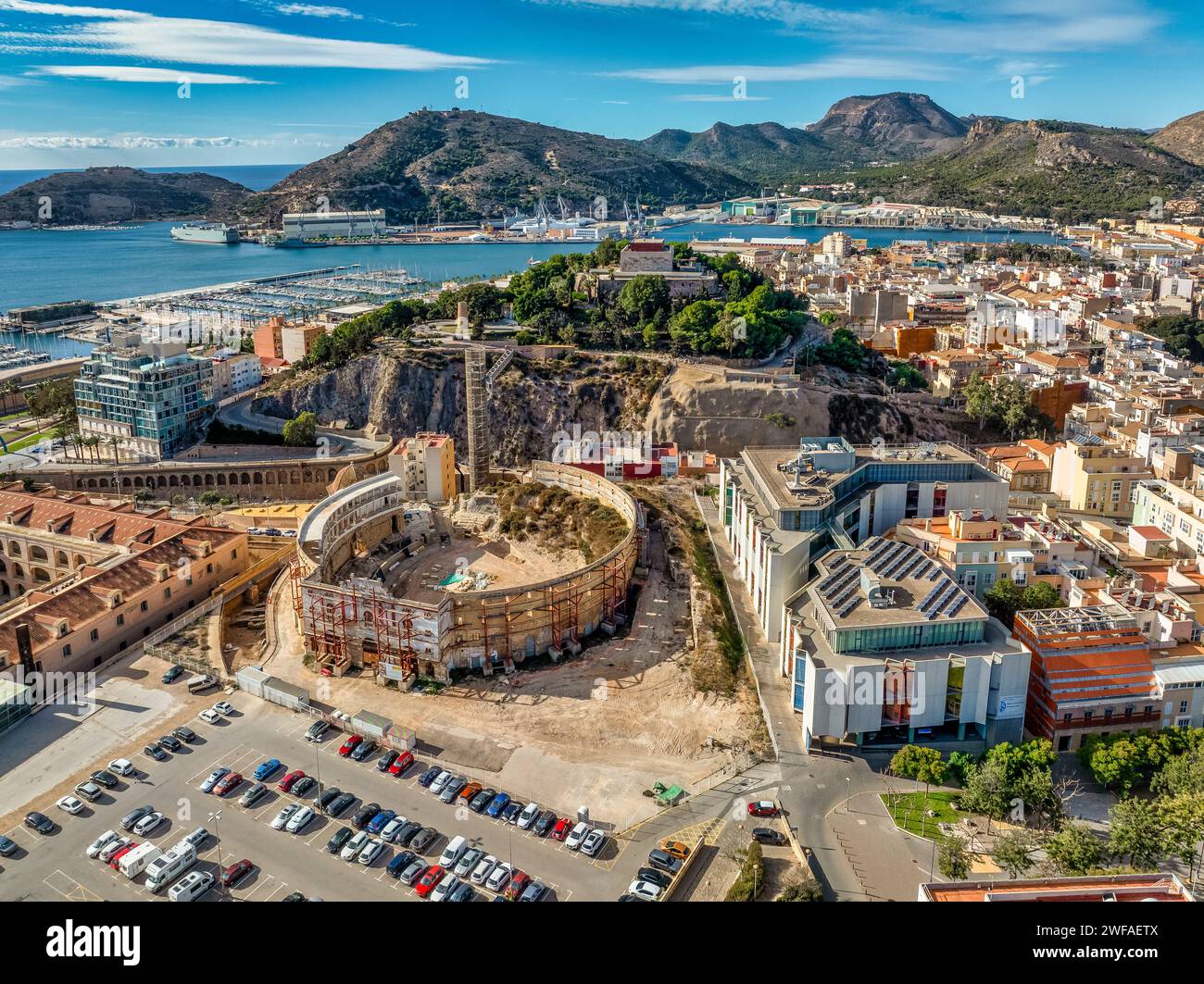 Aerial view of Cartagena port city in Spain surrounded by bastions and ...