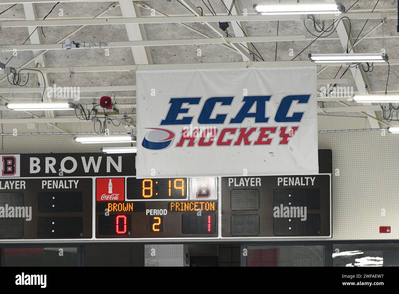 PROVIDENCE, RI - JANUARY 26: A banner with the "ECAC Hockey" logo hangs ...