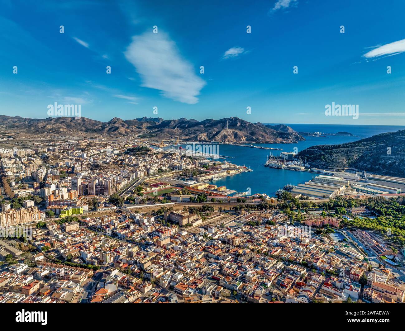Aerial view of Cartagena port city in Spain surrounded by bastions and ...