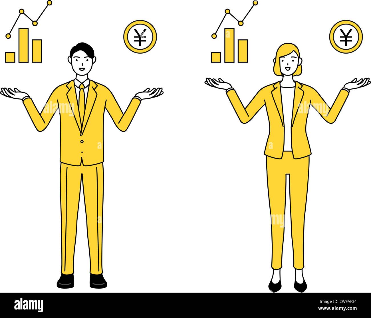 Simple line drawing illustration of businessman and businesswoman in a ...