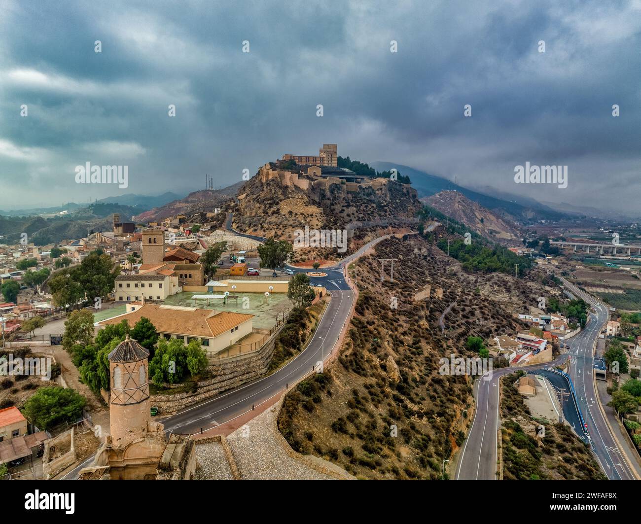 Aerial view of Lorca medieval castle with Tour de Alfonz, square towers ...