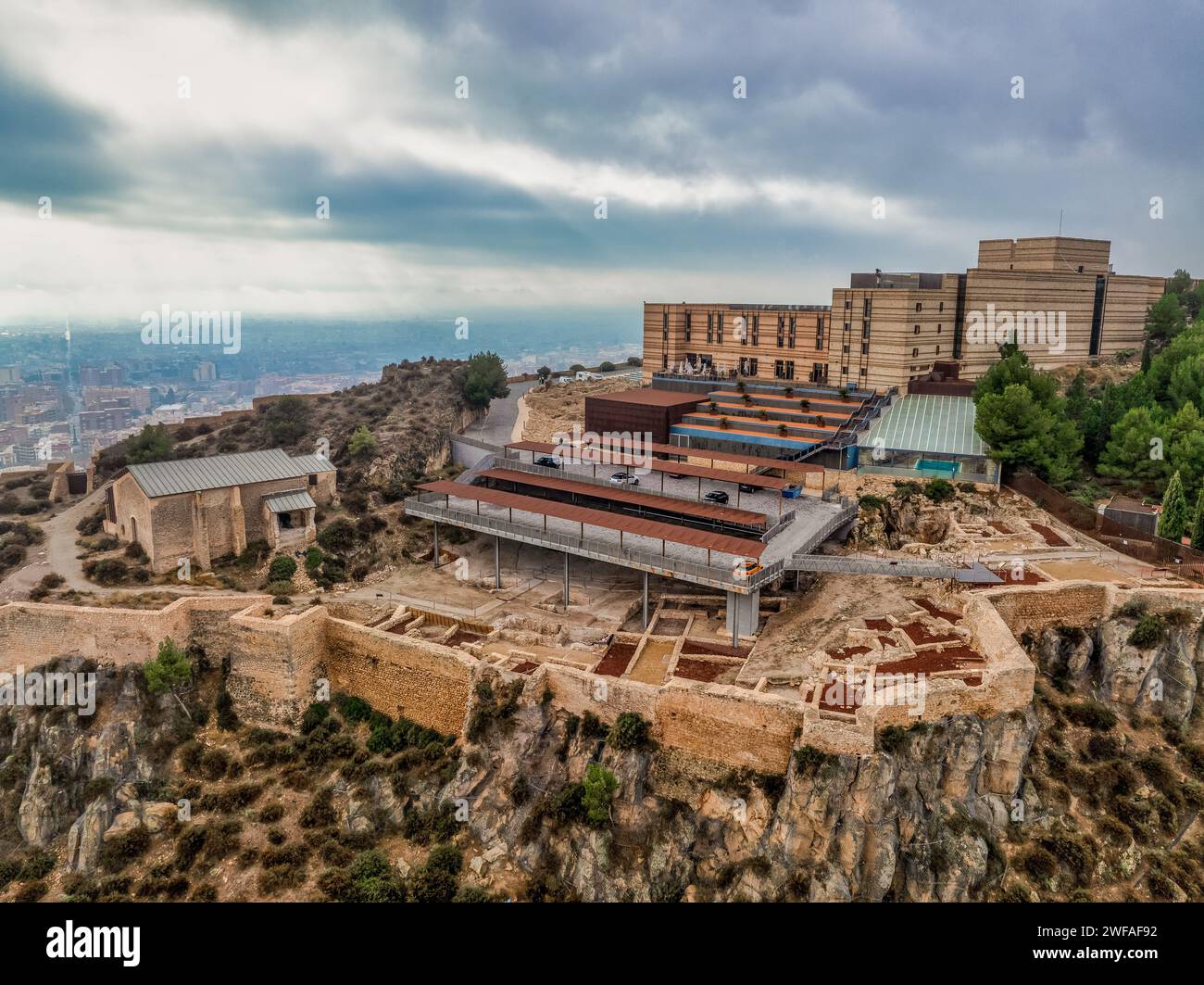 Aerial view of Lorca medieval castle , square towers , covering the ...