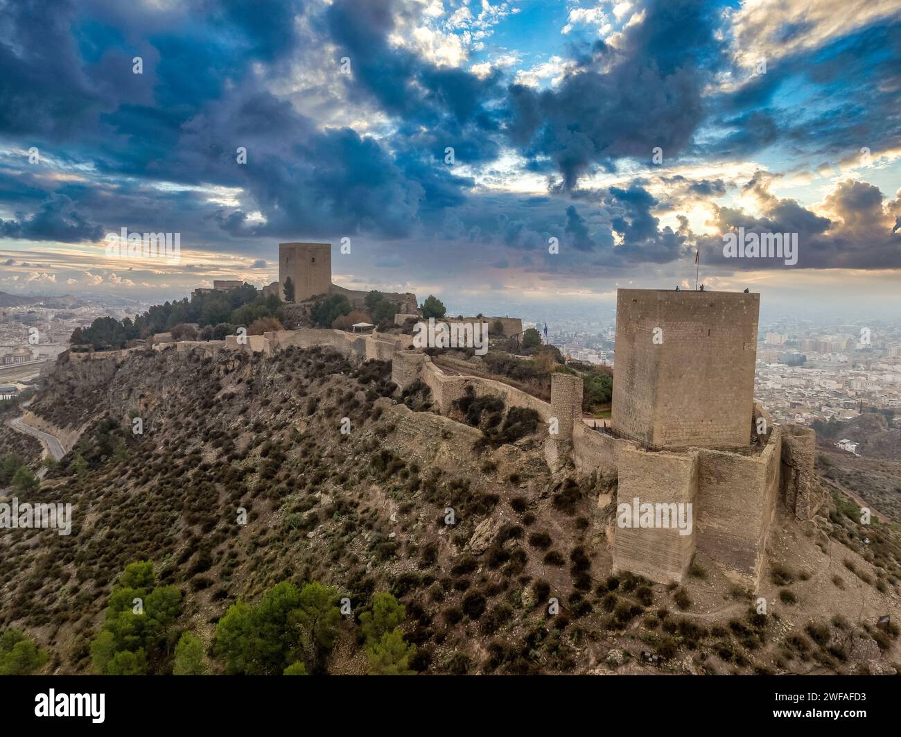 Aerial view of Lorca medieval castle with Tour de Alfonz, square towers ...
